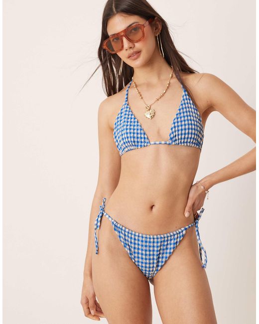 ASOS Seersucker Tie Side Bikini Bottom in Blue | Lyst