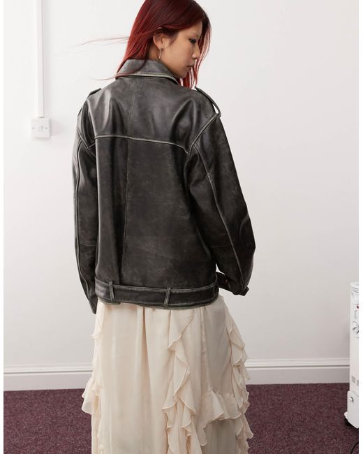Reclaimed (vintage) Antique Real Leather Biker Jacket in Natural | Lyst