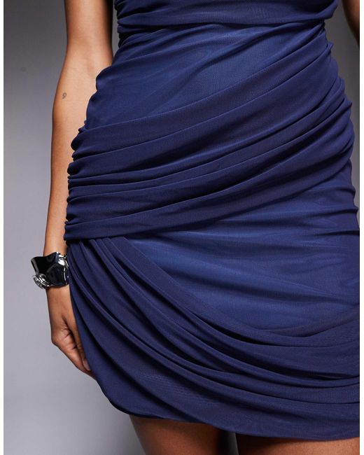 ASOS Stretch Chiffon Drape High Neck Mini Dress With Open Back in Blue ...