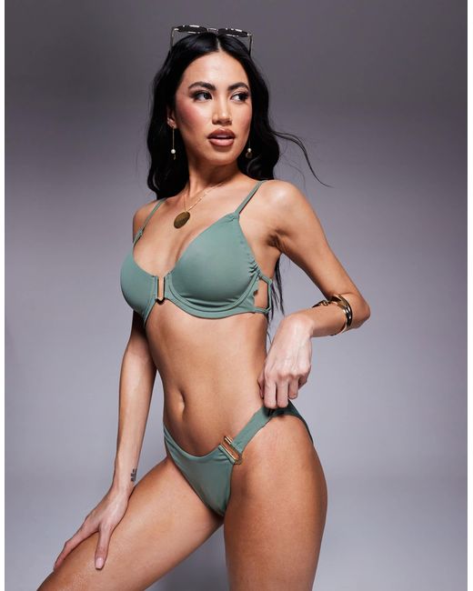 ASOS Ella High Leg Hipster Bikini Bottoms With Gold Trim in Gray | Lyst