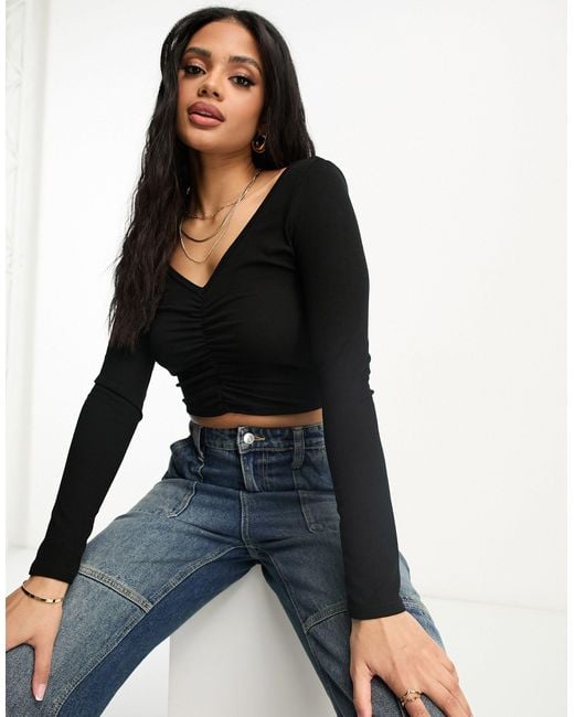 ASOS Ruched V Front And Back Crop Top in Black | Lyst