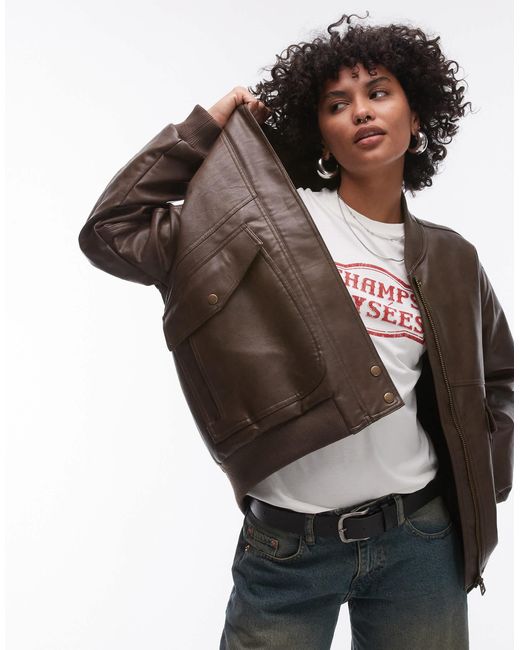 TOPSHOP Faux Leather Super Oversized Bomber Jacket With Borg Lining in ...