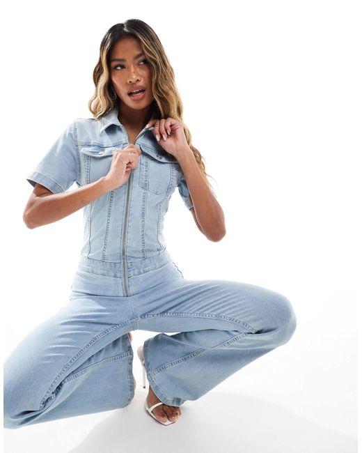 ASOS Stretch Denim 70s Jumpsuit in Blue | Lyst