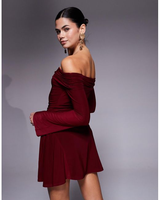 Kaiia Exclusive Double Laye Slinky Bardot Skater Mini Dress in Red | Lyst