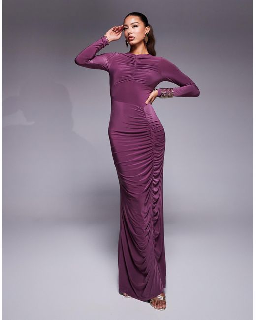 ASOS Long Sleeve Seam Detail Maxi Dress With Ruching in Purple | Lyst