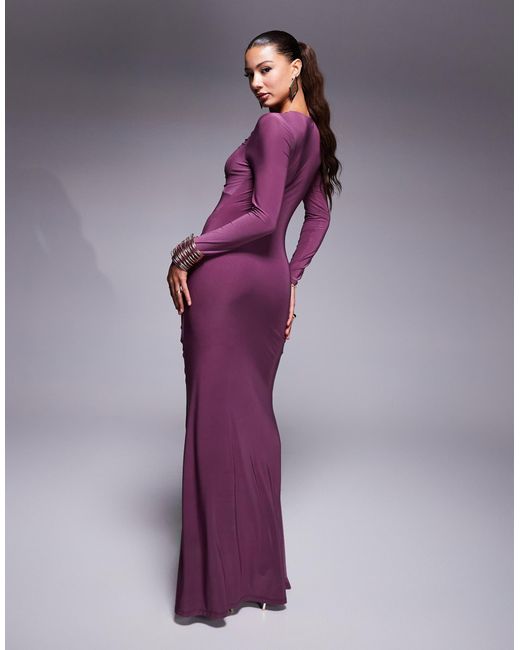ASOS Long Sleeve Seam Detail Maxi Dress With Ruching in Purple | Lyst