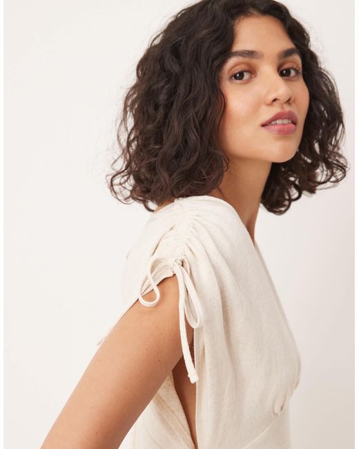 ASOS Ruched Shoulder Drop Waist Midi Dress in Natural | Lyst