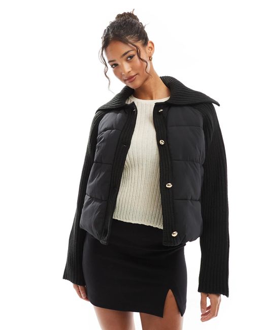 ASOS Knitted Sleeve Puffer Jacket in Black | Lyst
