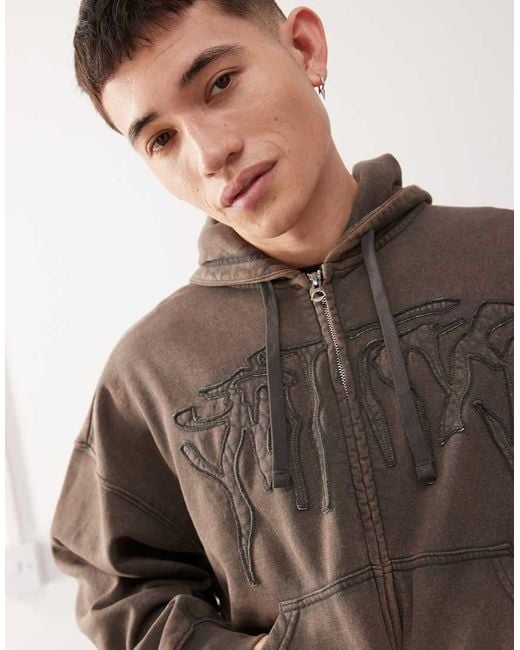 Weekday Boxy Fit Zip Through Hoodie With Destiny Embroidery in Brown ...