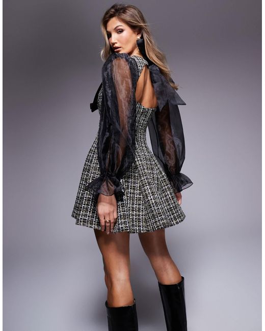 ASOS Glitter Boucle Dress With Organza Collar in Gray | Lyst