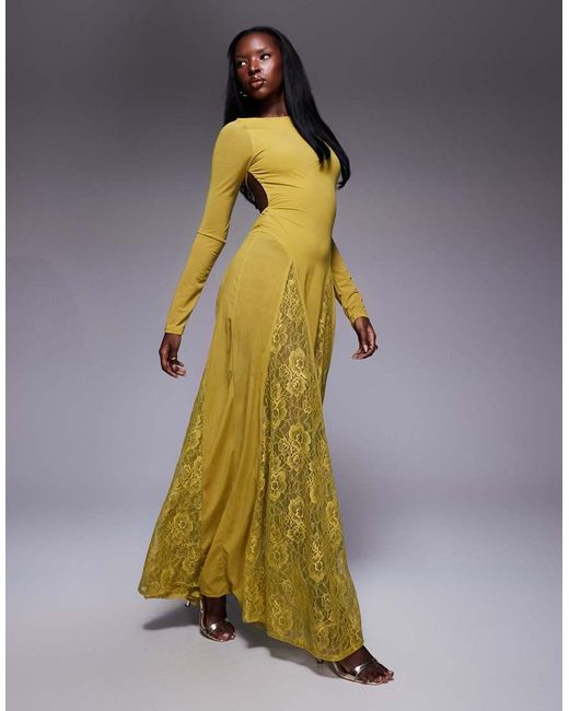 ASOS Long Sleeve Sheer Maxi Dress With Lace Panel Godets And Bodysuit ...