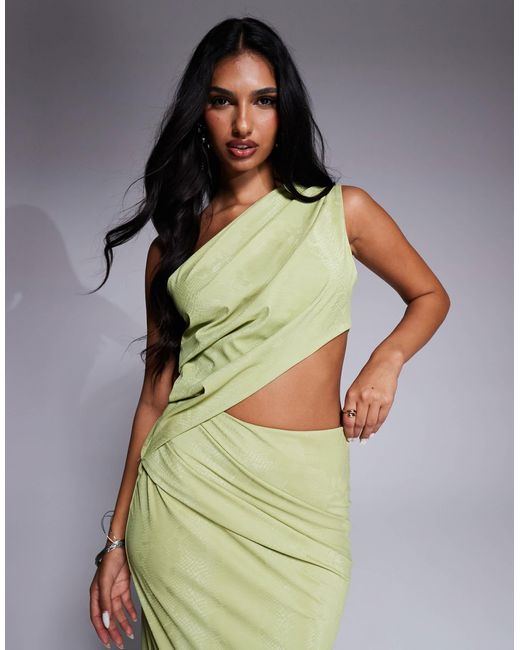 ASOS Faux Leather One Shoulder Midi Dress With Side Cut Out in Green | Lyst