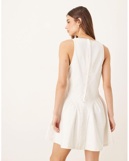 ASOS Denim Mini Dress With Gathered Hip Panels in White | Lyst