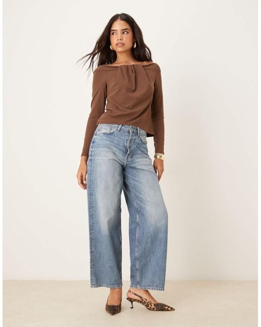 ASOS Wide Neck Long Sleeve Brushed Fine Rib Top in Blue | Lyst