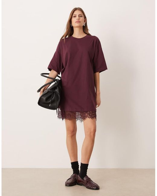 ASOS Oversized Mini Dress With Lace Hem Trim in Purple | Lyst UK