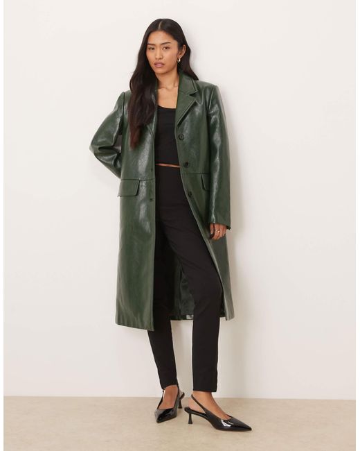 Mango Faux Leather Pea Coat in Green | Lyst