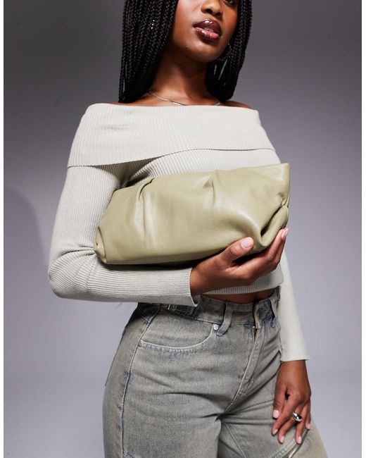 ASOS Leather Pleat Detail Zip Top Clutch in Gray | Lyst