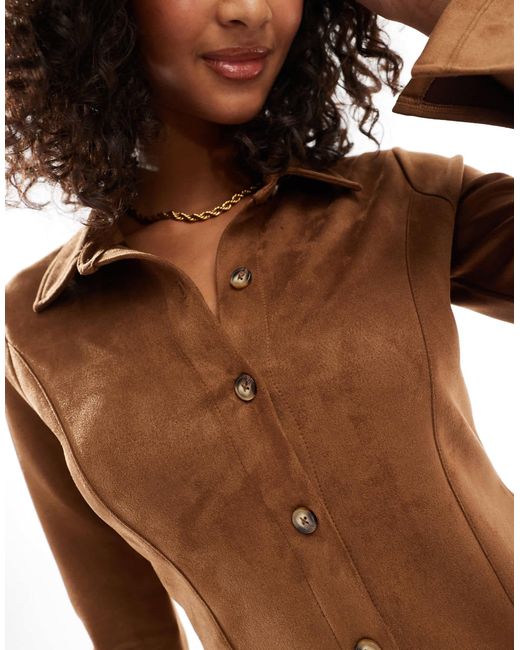 ASOS Faux Suede Button Through Long Sleeve Maxi Dress in Brown | Lyst