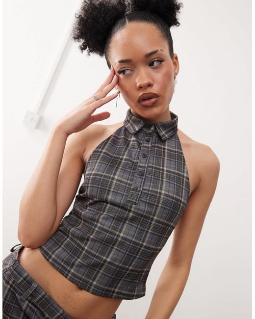 Motel Harlo Collared Check Top Co-ord in Gray | Lyst