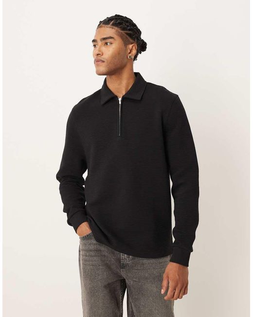 ASOS Quarter Zip With Ribbed Collar in Black for Men | Lyst UK