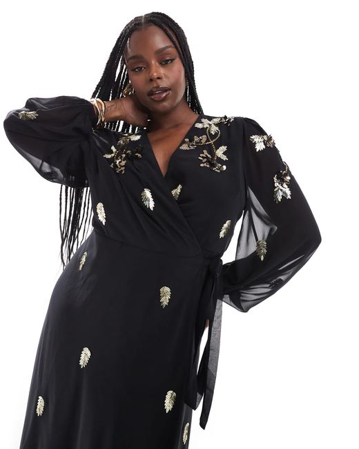 Hope & Ivy Plus Wrap Front Maxi Dress With Gold Embellishment in Black ...
