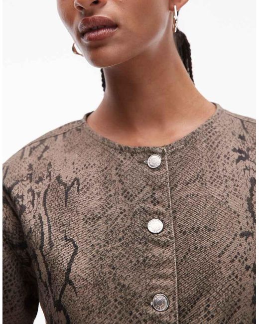 ASOS Denim Cinch Waist Short Sleeve Collarless Top in Brown | Lyst UK