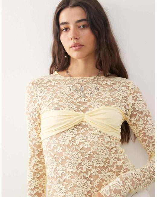 Lioness Midnight Long Sleeve Sheer Lace Top in Natural | Lyst UK