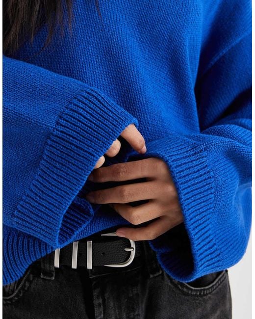 ASOS Knitted Wide Sleeve Cotton Blend Jumper in Blue | Lyst UK