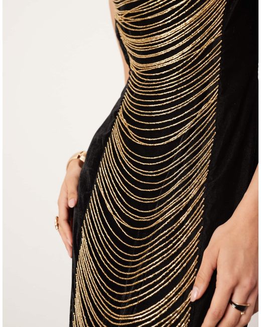 ASOS Velvet Embellished Contour Draped Fringe High Neck Midi Dress in Black | Lyst