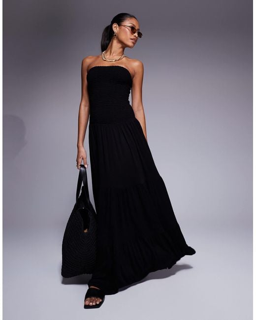 ASOS Crinkle Bandeau Shirred Bodice Tiered Maxi Dress in Black | Lyst