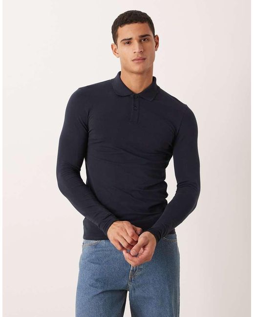 ASOS Essentials Muscle Fit Long Sleeve Polo Shirt in Blue for Men | Lyst UK