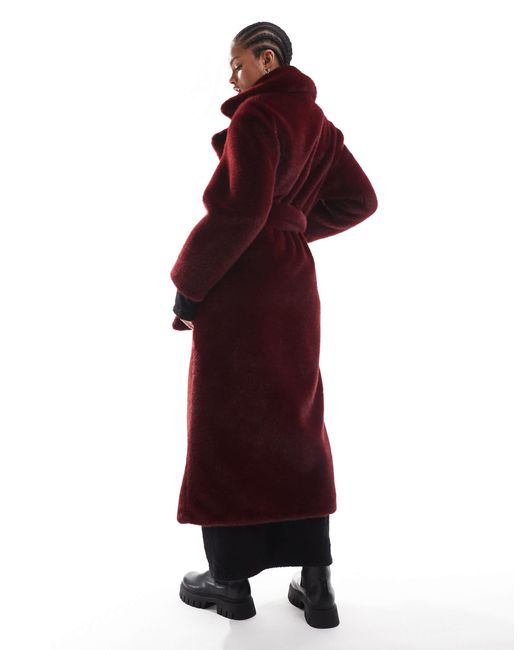 ASOS Asos Design Tall Longline Belted Faux Fur Coat in Red | Lyst