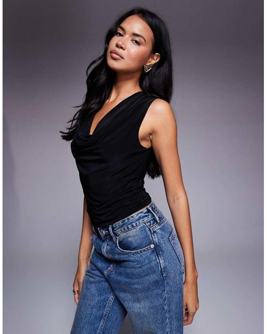 ASOS Slinky Cowl Drape Top in Blue | Lyst UK