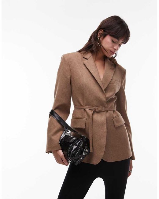 Mango Belted Wool Touch Blazer Co-ord in Brown | Lyst UK