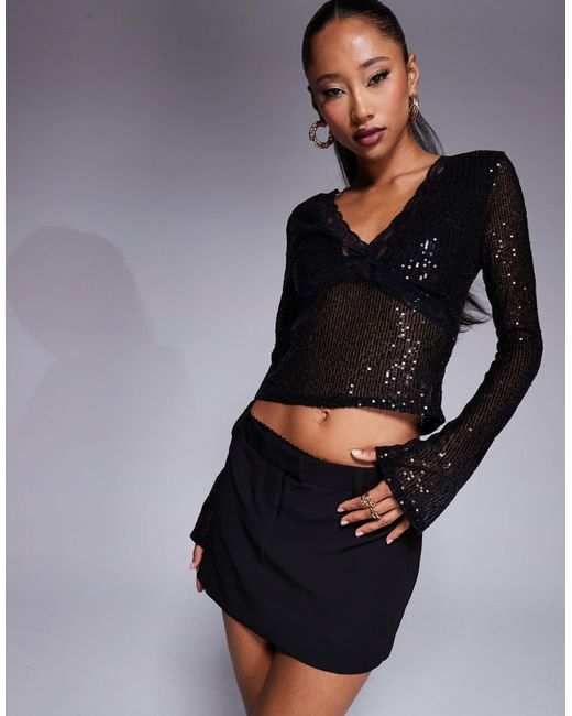 ASOS Sequin Plunge Neck Lace Trim Top With Flared Sleeves in Black | Lyst