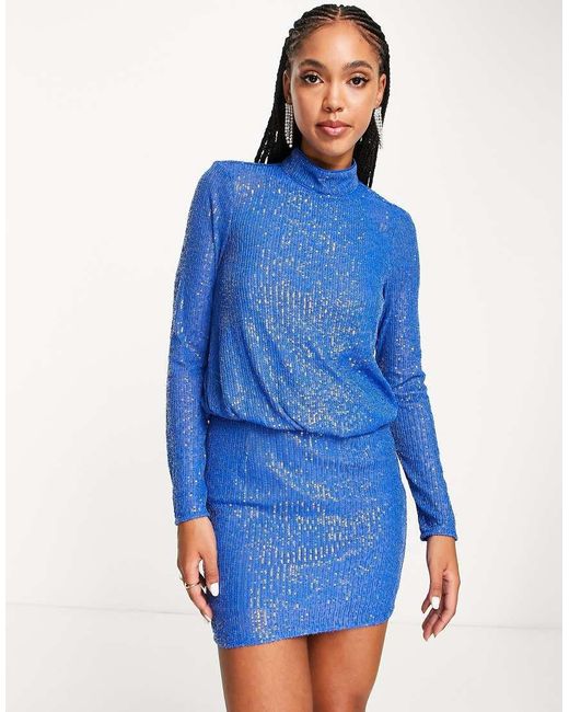 ASOS Sequin Embellished High Neck Mini Dress in Blue | Lyst UK