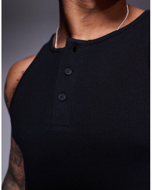 ASOS Muscle Fit Henley Rib Vest in Gray for Men | Lyst