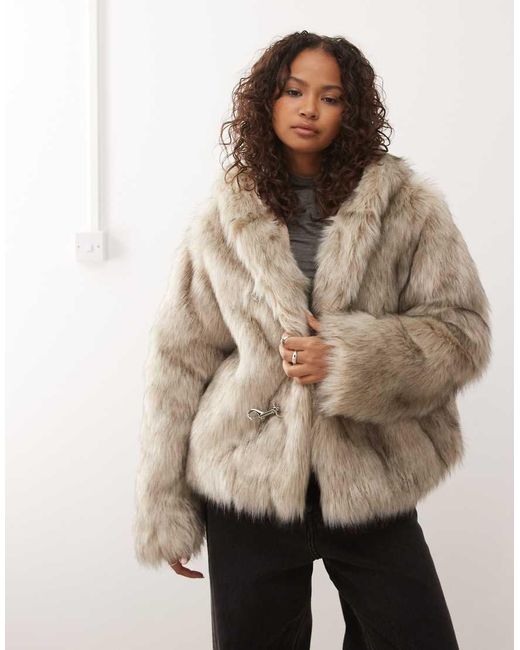 The Ragged Priest Faux Fur Coat With Hood in Natural | Lyst UK