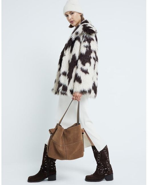 River Island Cow Print Faux Fur Coat in Grey | Lyst UK