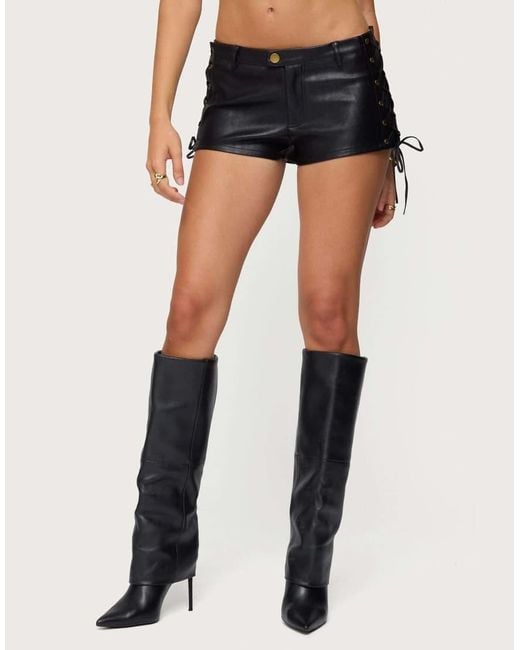 Edikted Kariss Lace Up Faux Leather Micro Shorts in Blue | Lyst UK