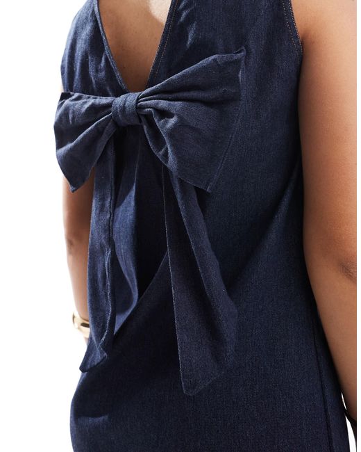 Object Denim Mini Dress With Bow Back in Blue | Lyst