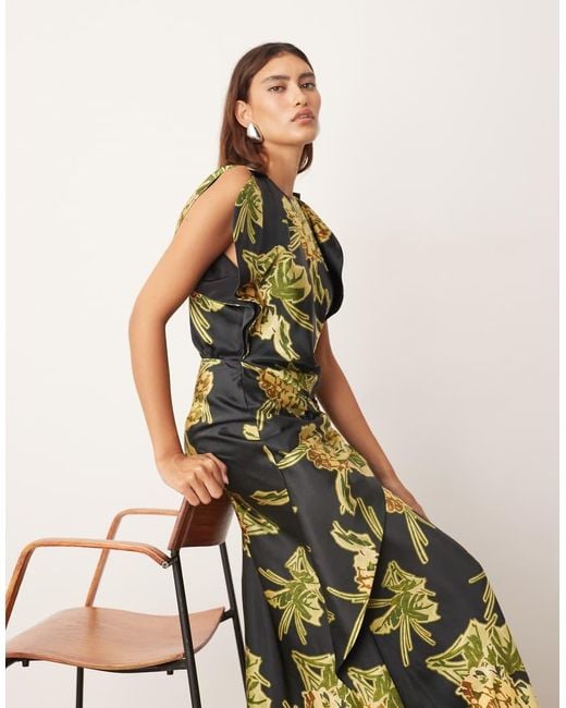 ARRANGE Drape Split Sleeve Maxi Dress With Metal Trim in Natural | Lyst UK