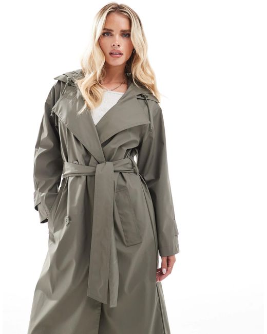 ASOS Asos Design Petite Rubberised Rain Hooded Trench Coat With Belt ...