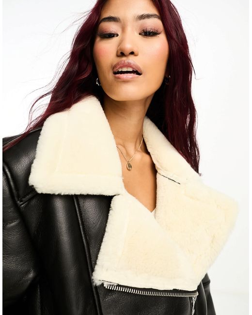 ASOS Faux Leather Bonded Borg Aviator Jacket in Black | Lyst