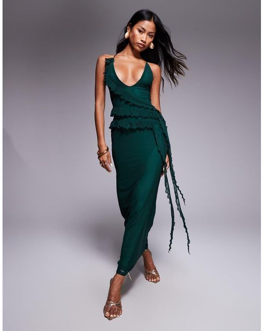 ASOS Ruffle Maxi Dress With Tie Up Back in Blue | Lyst UK