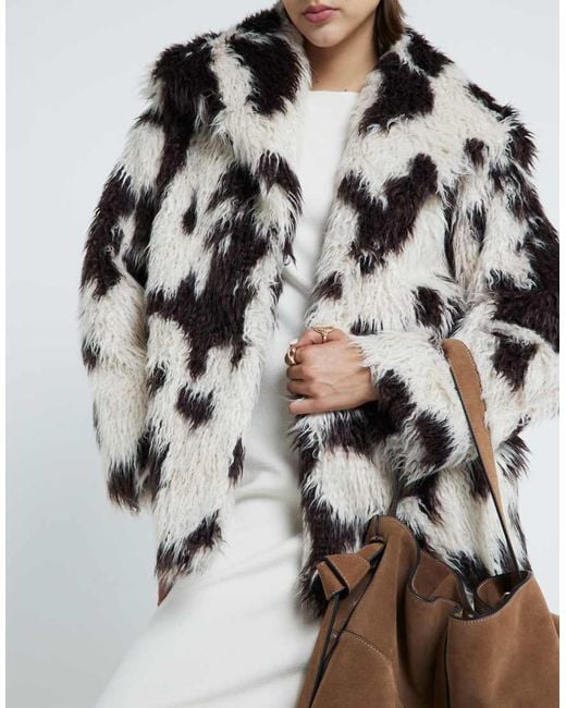 River Island Cow Print Faux Fur Coat in Grey | Lyst UK