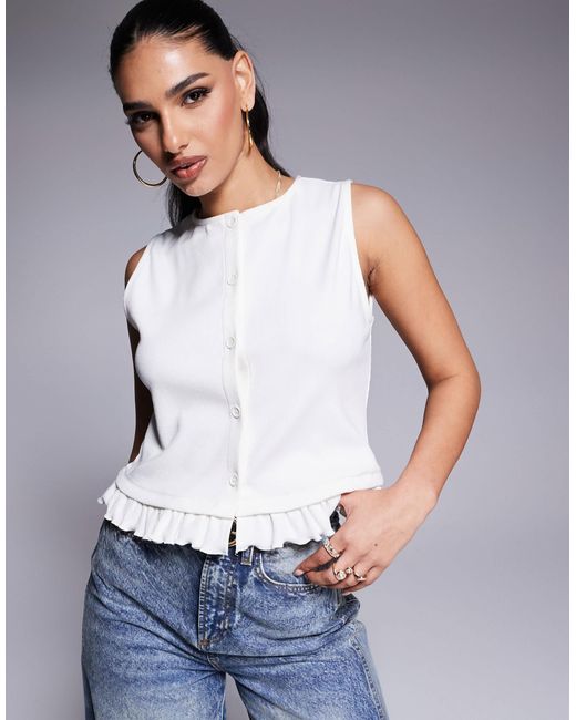 ASOS Sleeveless Button Through Mini Rib Top With Mini Frill Detail in ...