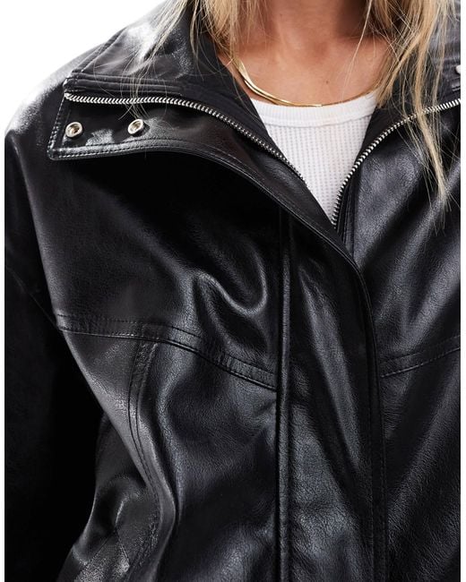 Bershka Funnel Neck Oversized Faux Leather Dad Jacket in Black | Lyst
