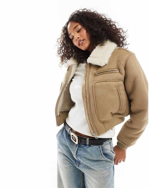 Pull&Bear Faux Suede Shearling Collar Bomber Jacket in Natural | Lyst UK