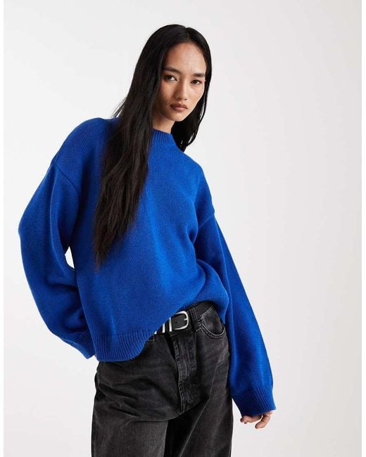 ASOS Knitted Wide Sleeve Cotton Blend Jumper in Blue | Lyst UK